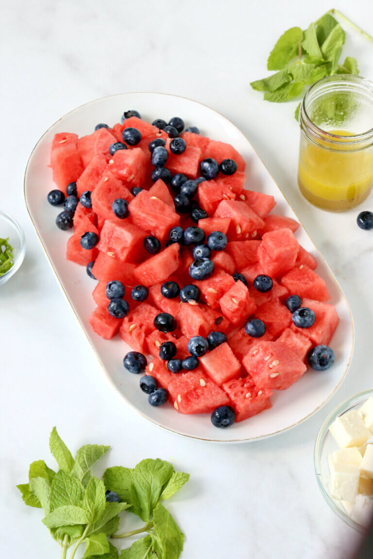 Watermelon Blueberry Feta Salad with Lemon Vinaigrette - Joy + Oliver